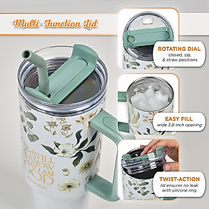 Christian Art Gifts Extra Large Stainless Steel Double Wall Vacuum Insulated Travel Tumbler for Women: Be Still Inspirational Scripture, Lid, Reusable Straw, Wide Handle, White & Teal Floral, 40 oz.