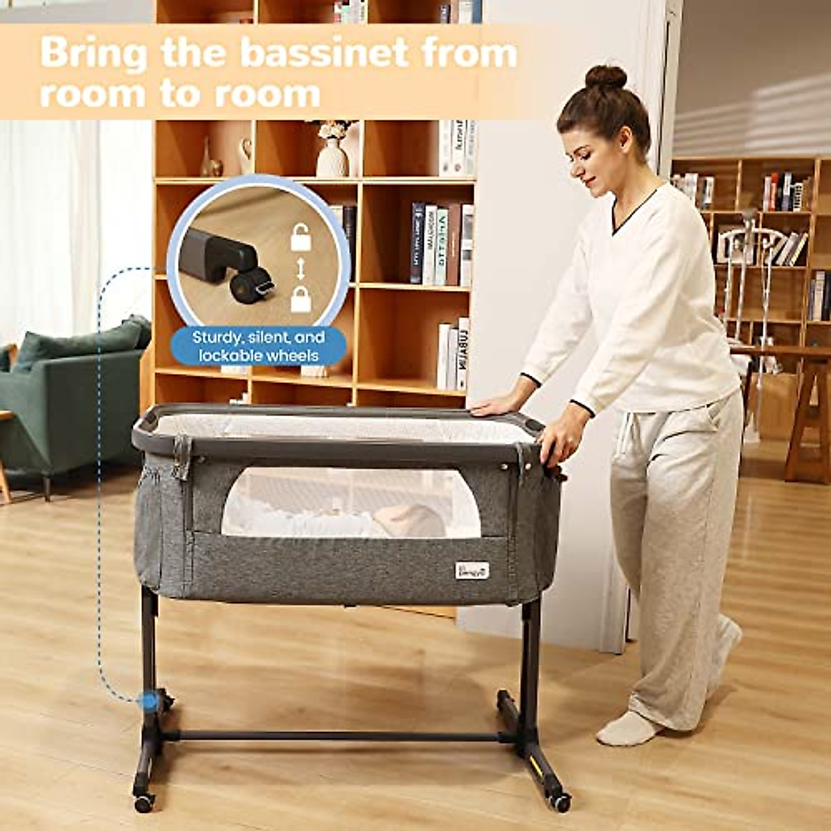 Li’l Pengyu Bedside Bassinet for Baby, Adjustable Baby Bassinets Bedside Sleeper with Cotton Mattress,Tool-Free Assemble Portable Rolling Cribs with Travel Bag Large Breathable Mesh (Gray)