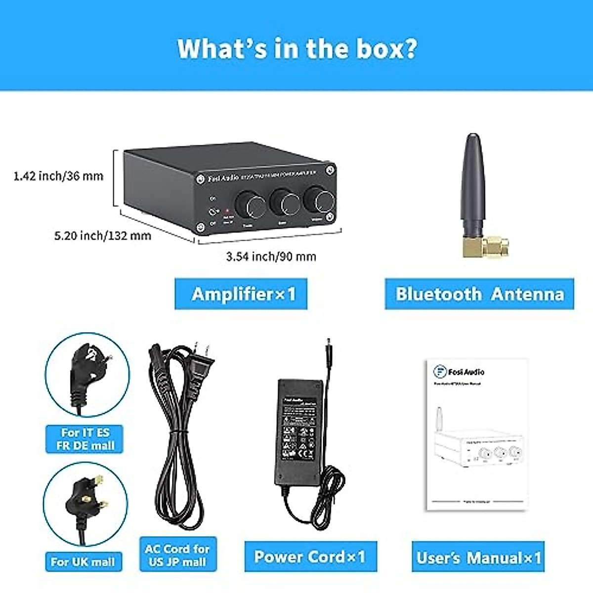 Fosi Audio BT20A Bluetooth 5.0 Stereo Audio 2 Channel Amplifier Receiver Mini Hi-Fi Class D Integrated Amp 2.0 CH for Home Speakers 100W x 2 with Bass and Treble Control TPA3116 (with Power Supply)