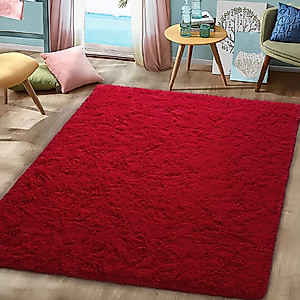 DETUM Red Rug 4x6 Feet - Fluffy Red Area Rugs for Bedroom Shaggy 4' X 6' Living Room Rug Soft Rugs for Kids Room Non-slip Nursery Office Dorm Washable Carpets Home Decor