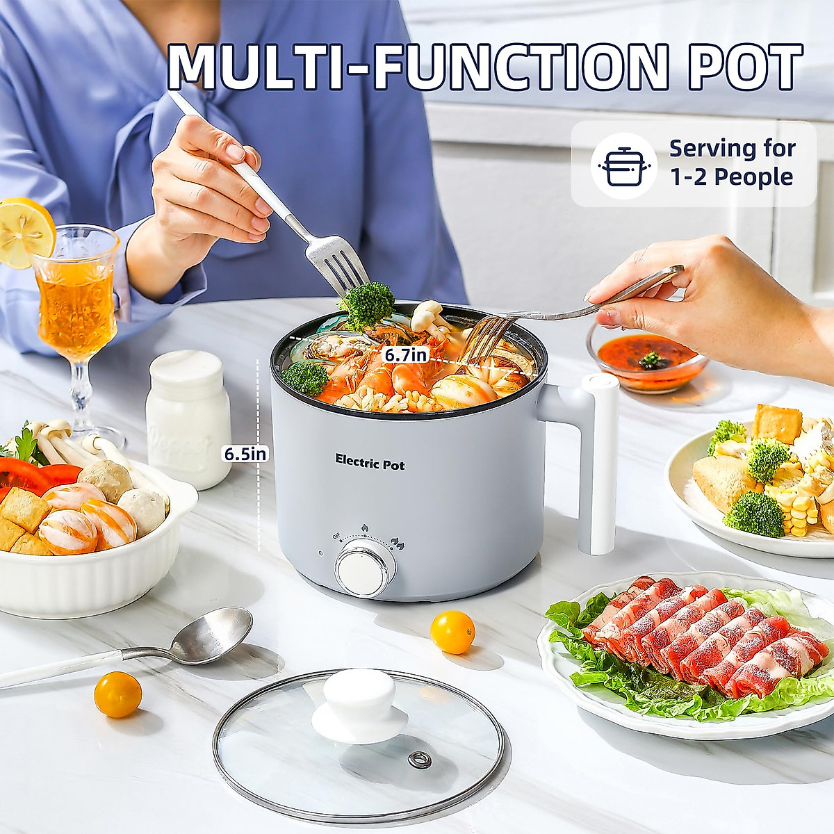 YOOLYQI Electric Hot Pot:1.5 L Ramen Cooker, Dual Power Mini Portable Multi-Functional Lazy Pot for Pasta, Noodles, Egg, Soup, Non-Stick Noodle Cooker with Boil Dry Protection for Dorm, Office (Grey)