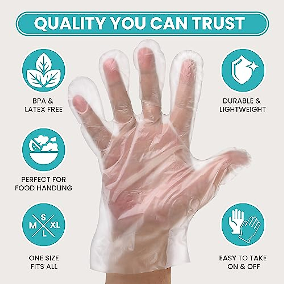 Keppi 100pcs Plastic Gloves | BPA & Latex Free | Perfect Food Handling Gloves | Food Safe Disposable Gloves for Cooking | Bulk Food Safe Gloves | One Size Great Fit