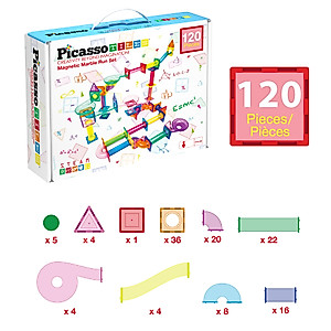 PicassoTiles Marble Run 120 Piece Magnetic Building Blocks Magnet Tile Construction Toy Playset STEM Learning Educational Block Child Brain Development Kids Toys for Boys and Girls Age 3 and Up