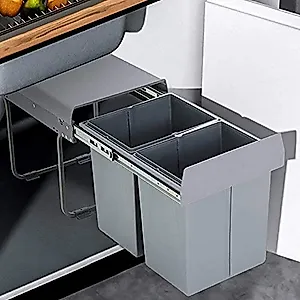 Pull Out Trash can Under Cabinet 40 Quart Double Sliding Trash Can Under Cabinet Bin with Lid and Handle Easy to disassemble Gray Garbage Recycling Trash Container Bin