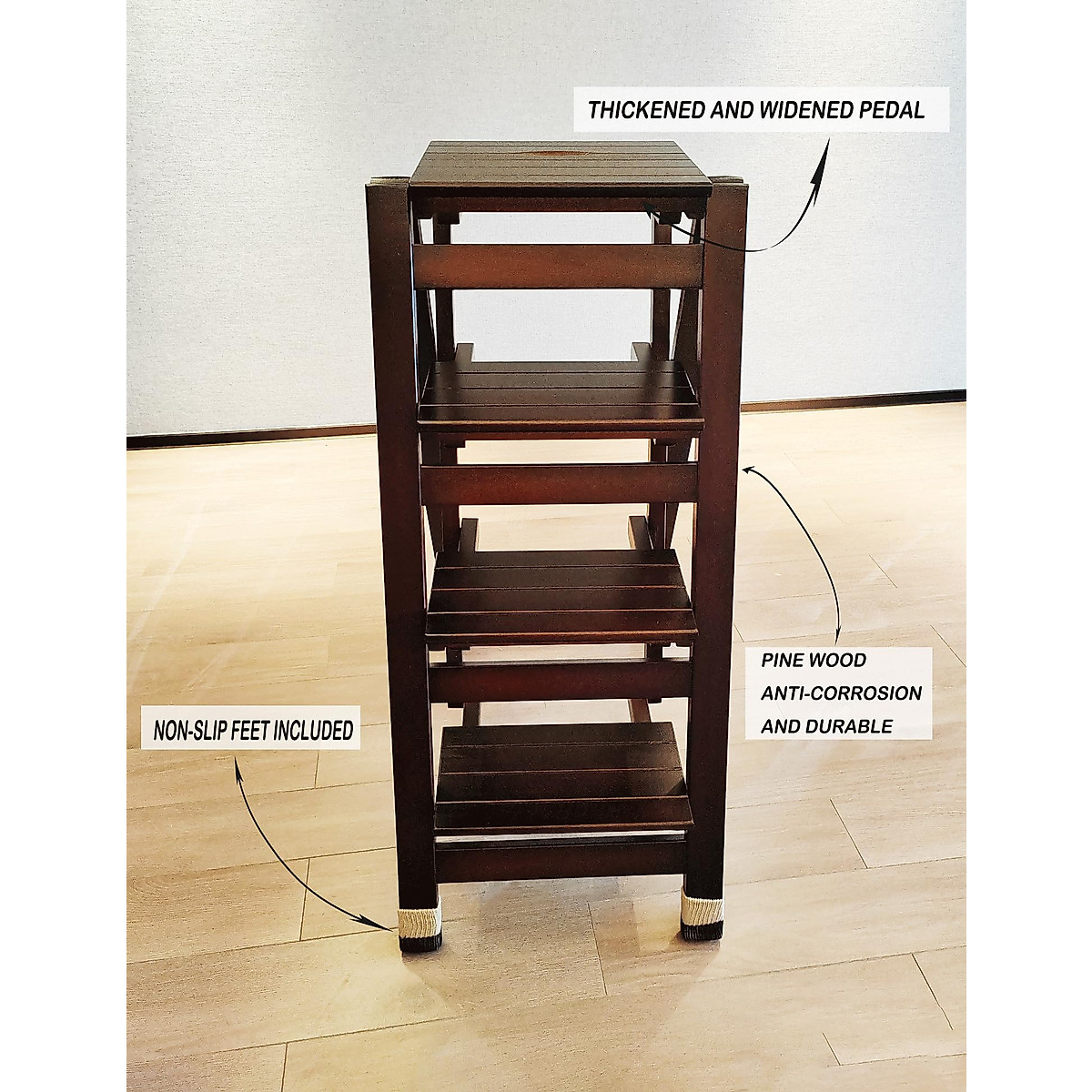 Step Stool for Adults/Step Ladder/Counter Chair, Step Folding Portable Wooden Step Stool, Anti-Slip & Lightweight(Size:Walnut 4 layers)