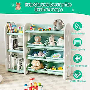 HONEY JOY 4-Tier Kids Toy Storage Organizer with 6 Bins, 2-in-1 Toy Storage Unit with Corner Bookshelf and Removable Toy Box, Toddler Furniture for Playroom Daycare (Green)