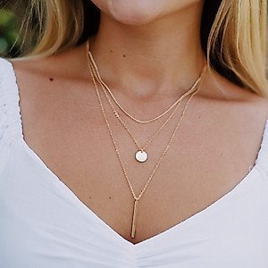 Dainty Chain Choker Necklace 14K Gold Plated 3 Layered Disc Bar Necklace for Women