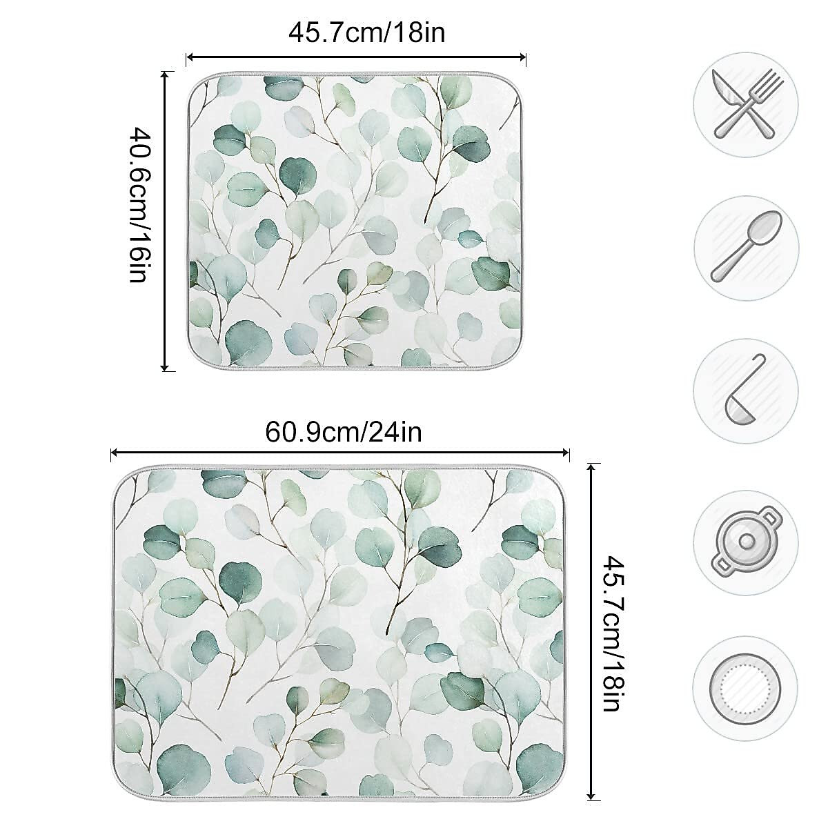 Green Leaves Dish Drying Mat 16x18 for Kitchen Counter Watercolor Herbs Women Kitchen Drying Mats Dishes Pad Absorbent Fast Dry Dish Draining Mats Medium Kitchen Accessories