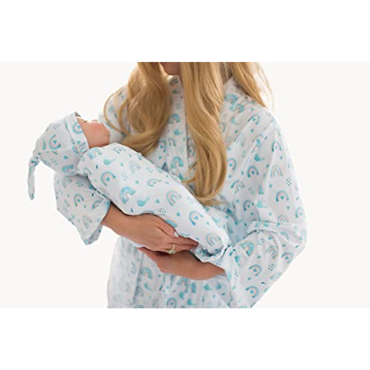 Millie Mae LLC Rainbow Mommy and me Robe and Swaddle Set | Hospital Labor and Delivery | Maternity Robe and Matching Baby Set for Boy, Girl | Blue Rainbow