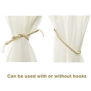 BEL AVENIR Curtain Ropes Tiebacks Tie-Backs, Curtain Handmade Holdbacks with 2 Metal Screw Hooks (Beige, 2pack)