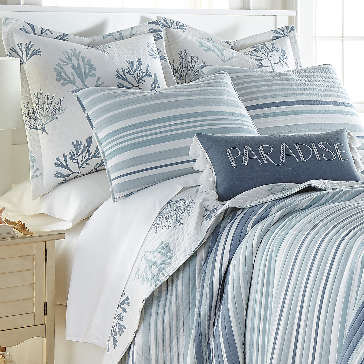 Levtex Home - Truro Quilt Set - King/Cal King Quilt + Two King Pillow Shams - Stripe in Shades of Blue - Quilt Size (106x92in.) and Pillow Sham Size (36x20in.) - Reversible - Cotton