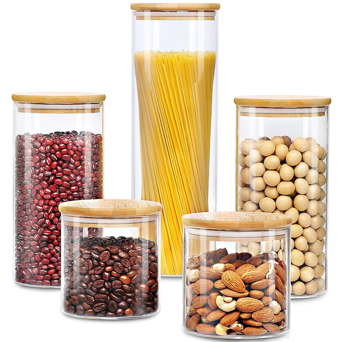AIKWI Glass Food Storage Jars Set of 5, Airtight Glass Kitchen Canisters with Bamboo Lids, Clear Glass Canister Food Jar Kitchen Pantry Storage Container for Spaghetti, Beans, Cereal, Snacks and More