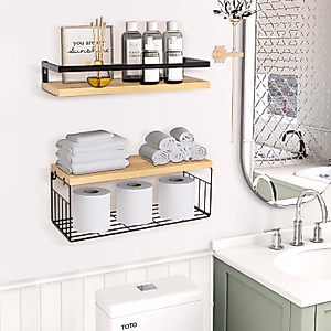 3 Set Bathroom Shelves Wall Mounted Over Toilet,Floating Shelves for Bathroom with Toilet Paper Storage Basket,Solid Wood Bathroom Wall Organizer with Metal Frame for Bathroom, Kitchen, Bedroom