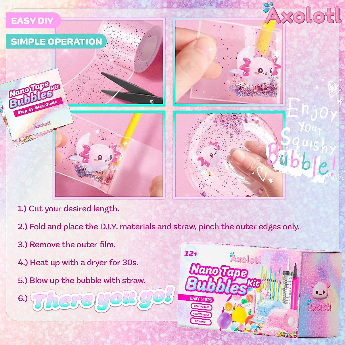 Axolotl Nano Tape Bubble Kit, Double Sided Tape Elastic Bubbles DIY Craft Kit, Stress Balls Toys, Squishy Ball, Anxiety Relief Toy, Party Favors and Fidget Toys for Girls, Boys, Kids