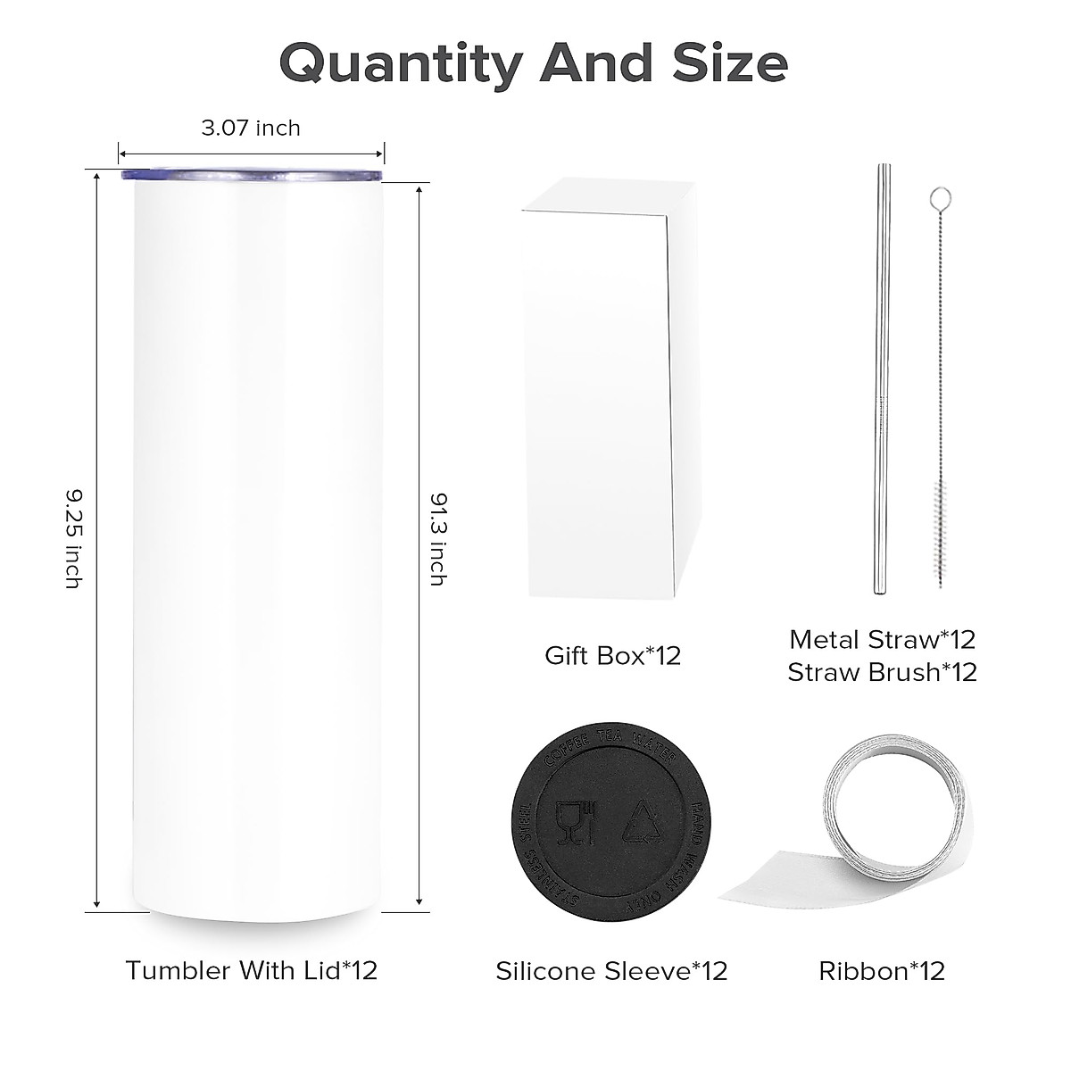 FASTSUB 30 oz Sublimation Tumbler Blank Bulk Cups Straight Skinny Stainless Steel Double Wall Vacuum Insulated with Lids and Straws Brush Silicone Coaster Ribbon for Tumbler Heat Press White 12 Pack