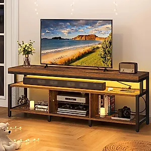 YITAHOME LED Television Stands w/Power Outlets for 70/65 inch, Modern Industrial TV Stand, Entertainment Center w/Open Storage, Entertainment Center for 360lbs for Living Room, Retro Brown
