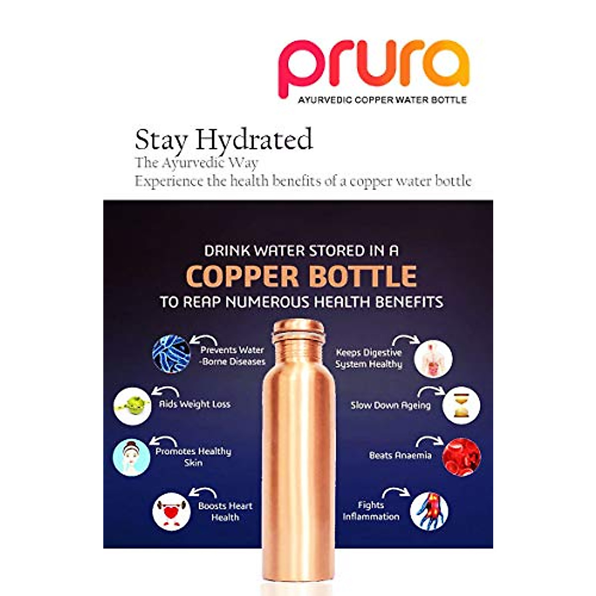Prura Pure Printed Copper Water Bottle - Leak Proof Ayurvedic Drinkware Copper Vessel for Sports, Gym, Outdoors, Yoga, Health Benefits (30 oz)
