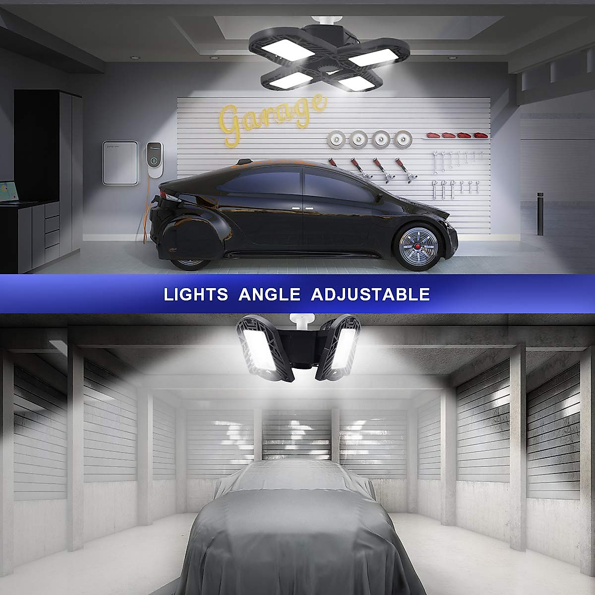 FASCINATE LED Garage Lights 120W, Garage Lighting Deformable E26/E27 LED 12000lm Bright LED Adjustable Ceiling Garage Light Bulb, LED Light for Garage, Barn, Warehouse,Workshop, No Installation