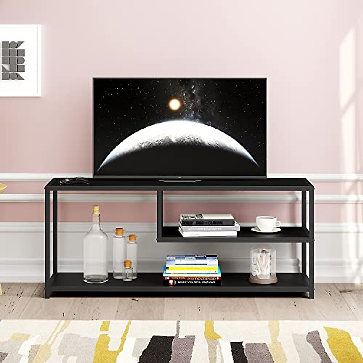 HOME BI TV Stand for 50-55 Inch TV, Entertainment Center with Storage, Wood Console for Living Room, Black Cabinet with Metal Frame