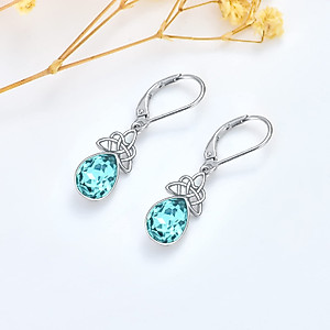 VONALA Celtic Knot Earrings 925 Sterling Silver Aquamarine Earrings Blue Crystal Leverback Dangle Earrings March Birthstone Earrings for Women