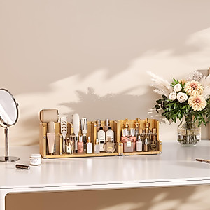 LUMAMU Bamboo Bathroom Organizer with Acrylic Panels, Corner Countertop Storage for Hair Dryer, Cosmetics, and Toiletries, Multipurpose Vanity Caddy for Home, Makeup, and Bathroom Essentials