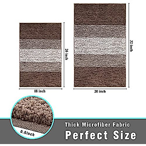 Vaukki Luxury Soft Bathroom Rugs Set of 2, Non Slip Washable Plush Bath Floor Mats, Microfiber Shaggy Absorbent Striped Bath Carpet for Tub, Bathroom and Shower (18''x26''+20''x32'', Coffee)