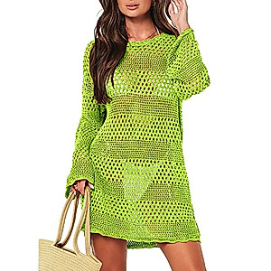 ANRABESS Women Swimsuit Crochet Swim Cover Up Summer Bathing Suit Swimwear Knit Pullover Beach Dress 958yingguanglv-L
