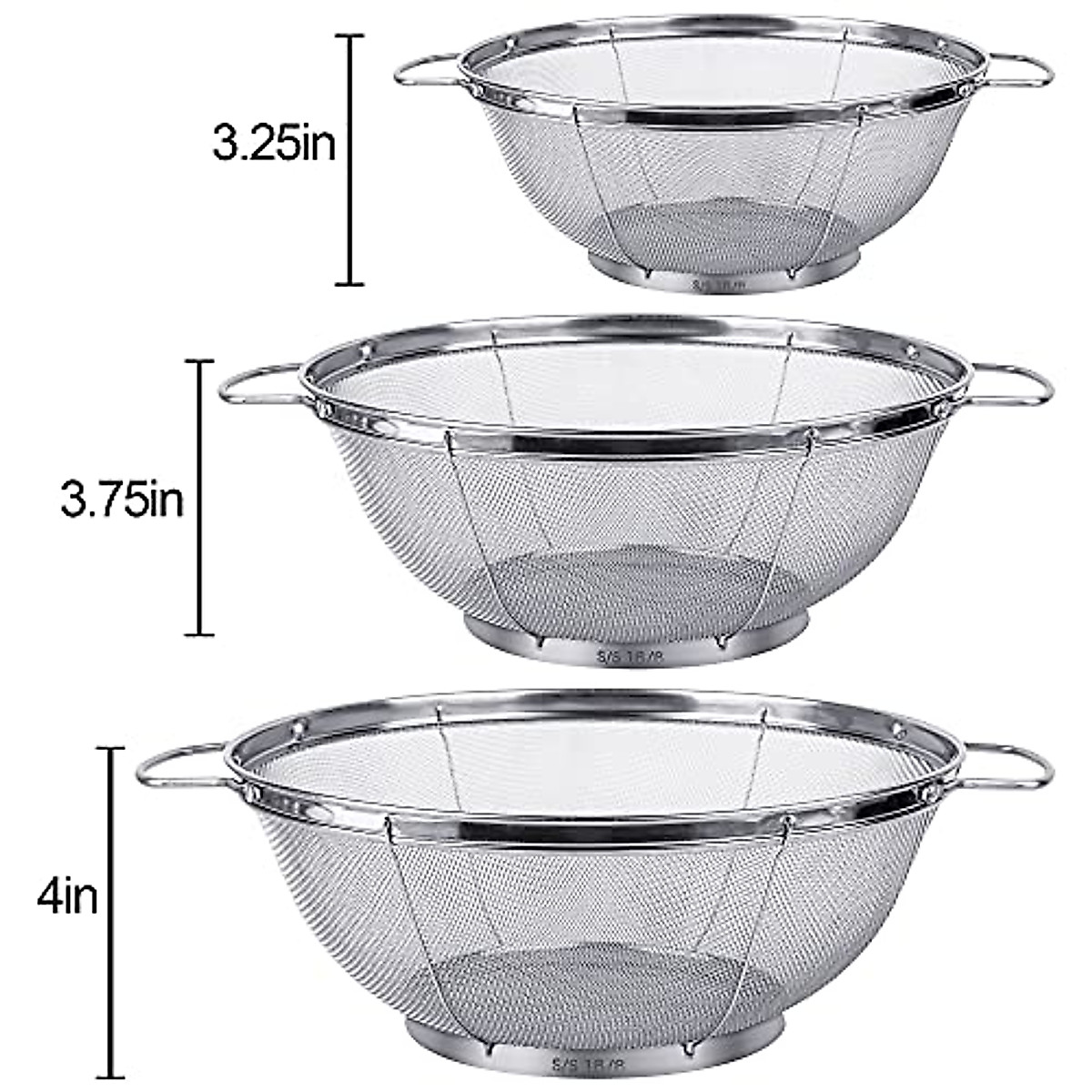3 Pack 18/8 Stainless Steel Colander Sieves(5-Quart, 4-Quart and 3-Quart), Mesh Strainer Net Baskets with Handles & Resting Base for Strain, Drain, Rinse or Steam