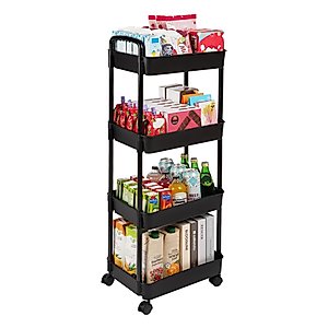Vtopmart 4 Tier Rolling Cart with Wheels, Detachable Utility Storage Cart with Handle and Lockable Casters, Storage Basket Organizer Shelves, Easy Assemble for Bathroom, Kitchen, Black