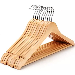 Wood Clothes Hanger Classic 10 Pack - Wooden Hangers 10 pcs - Slightly Curved Hanger Set - Solid Coat with Stylish Chrome Hooks - Heavy-Duty Clothes, Jacket, Shirt, Pants, Suit Hangers