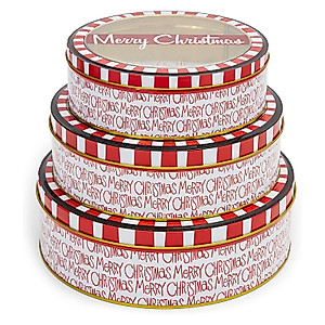 Juvale Set of 3 Merry Christmas Cookie Tins with Lids for Gift Giving, Round Nesting Holidays Containers, 3 Sizes