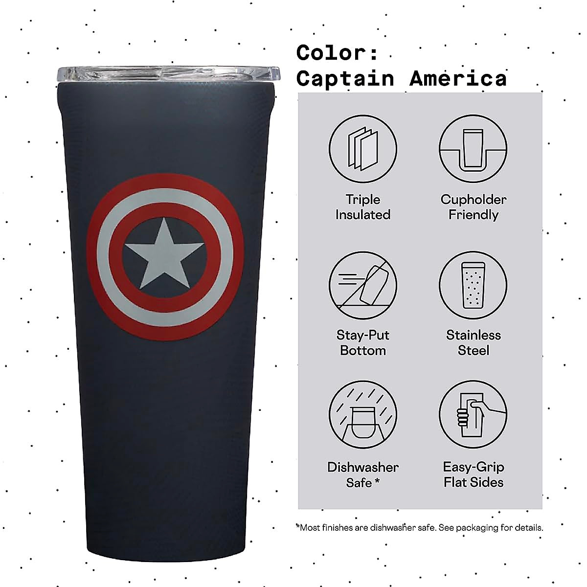 Corkcicle Marvel 24 Ounce Triple Insulated Stainless Steel Travel Cup Tumbler with Lid and Silicone Bottom for Hot and Cold Drinks, Captain America
