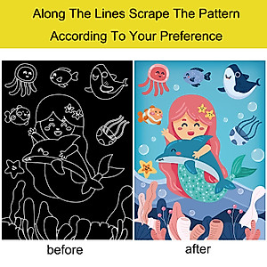 Mocossmy Mermaid Magic Scratch Art for Kids,9 Sheets Double Sided Mermaid Ocean Theme Rainbow Scratch Paper Scratch Art Crafts & Scratch Sticks for Kids Boys Girls Birthday Party Favor Supplies Games