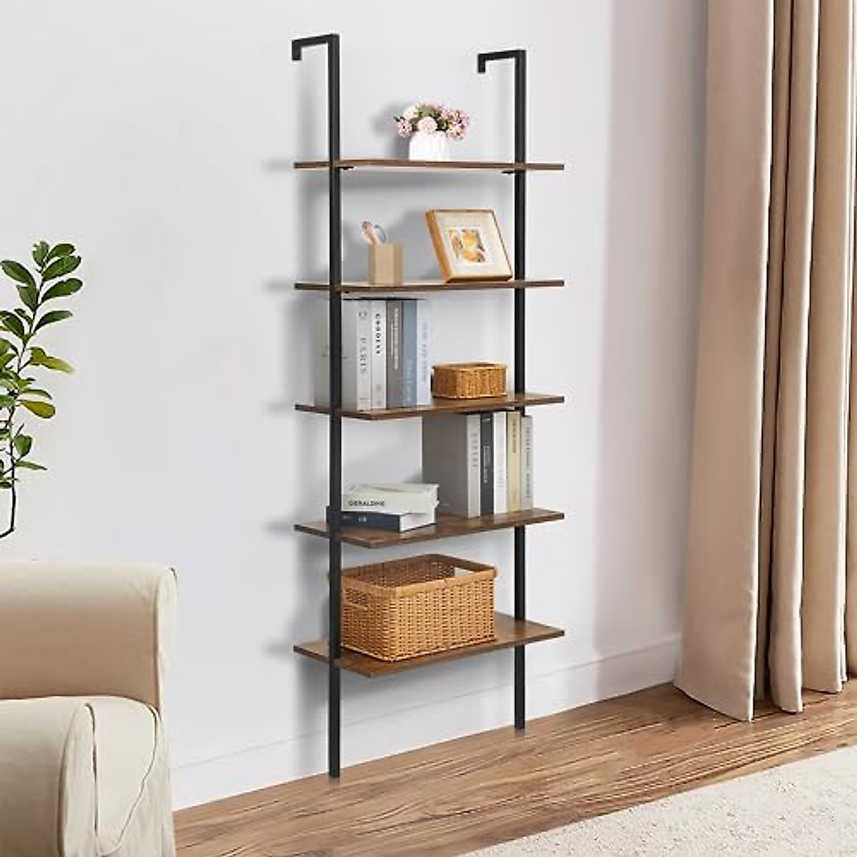 MoNiBloom 5-Tier Bookshelf Wall Mounted, 72 Inches Ladder Shelf with Metal Frame for Living Room Decor and Storage, Rustic Brown