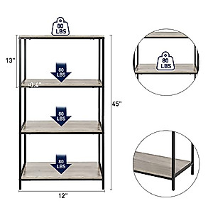Acehome 4 Tier Bookshelf, 45" Tall Bookshelves and Bookcases, Industrial Bookcase Shelf Storage Organizer, Rustic Wood and Metal Standing Bookshelf for Living Room, Bedroom and Home Office, Grey