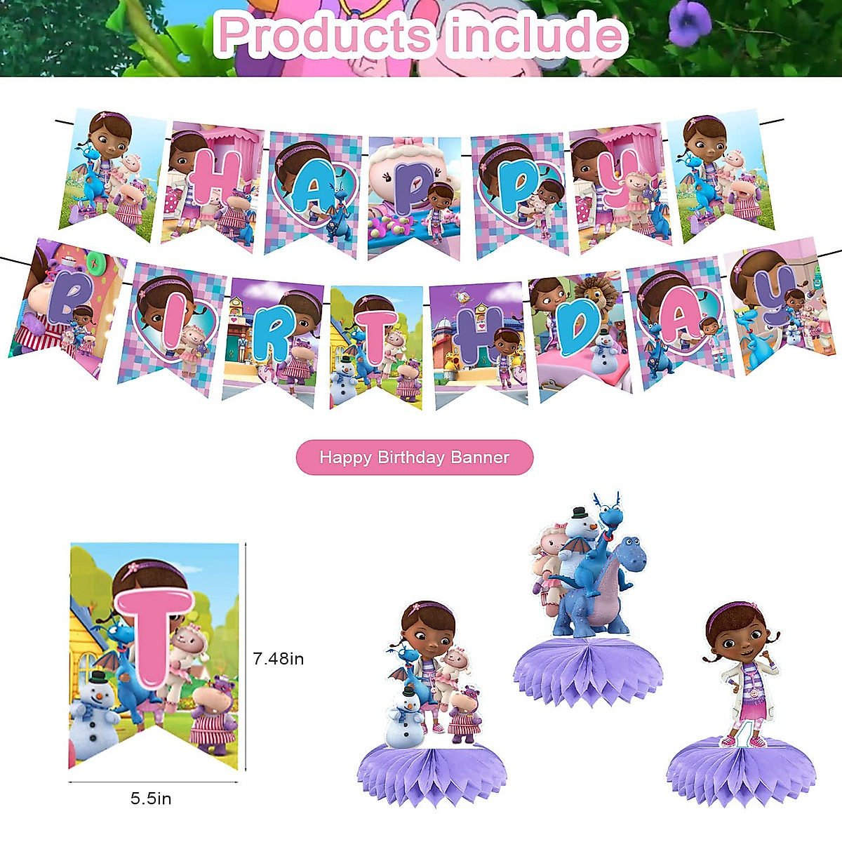 Doc McStuffins Party Decorations,Birthday Party Supplies For Doc McStuffins Party Supplies Includes Banner - Cake Topper - 12 Cupcake Toppers - 20 Balloons - 3 Doc Girl Honeycomb Centerpieces