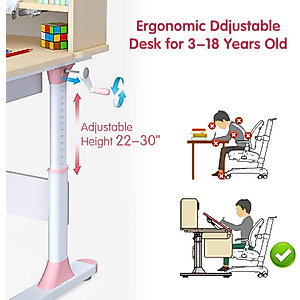 FCD Kids Desk, Wood Adjustable Height Ergomonoic Children Study Writing Reading Desk with Tiltable Desktop, Tablet Stand and Storage Drawers (Pink, Chair is not Included)