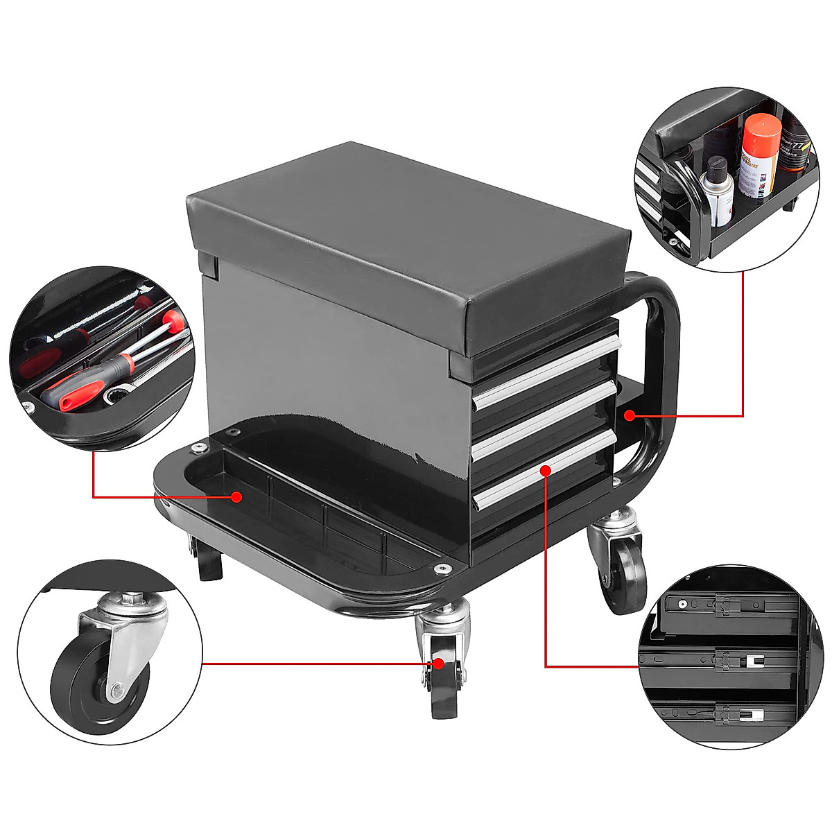 BIG RED Rolling Creeper Garage/Shop Seat with Three Built-in Drawers, Rolling Tool Chest,Black,APD2016AR