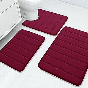 Buganda Memory Foam 3 Pieces Bathroom Rugs Set - Thick Soft Absorbent Non-Slip Bath Mats, Washable Small/Large/Contour Bath Rugs (24" x 16" + 30" x 20" + 24" x 20", Wine Red)