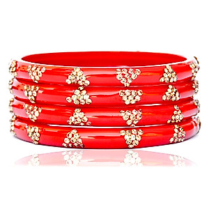 JD'Z COLLECTION Indian Traditional Glass Bangles Kada For Women & Girls Stylish Ethnic Partywear Bangle Bollywood Fashion Jewelry Set Of 4pc (Red, 2.6)