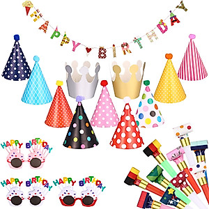 25 Pcs Party Set: 1 Colorful Banner, 3 Glasses, 10 Whistles, 11 Cone Hats for Festive Decor (Classic Style)