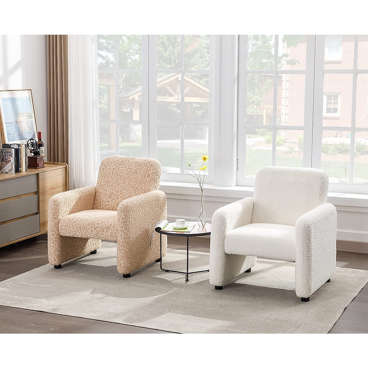 ZSARTS Sherpa Accent Chair with High Back, Khaki Teddy Armchair Upholstered Single Sofa Comfy Side Chair Vanity Chair with Wood Frame for Bedroom Reception Small Space,Khaki