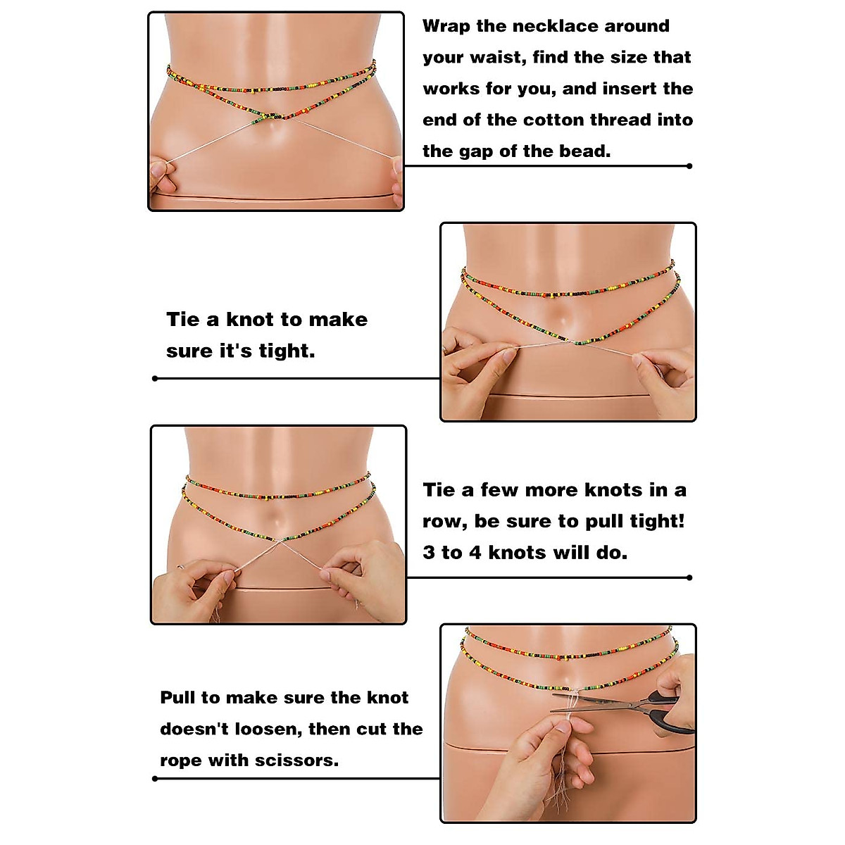 ELABEST 50inch Plus Size African Waist Beads Stone Belly Chain Non-Stretching Tie-on Bead Body Jewelry Accessories for Women and Girls (YZM-D4#)