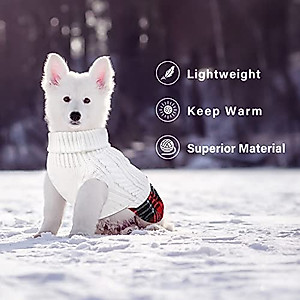 Pedgot 2 Pieces Dog Sweater Dress Plaid with Bowtie Turtleneck Dog Knitwear Pet Sweater Pullover Sweater for Dogs Cat Dress Checked (Beige, Grey, Large