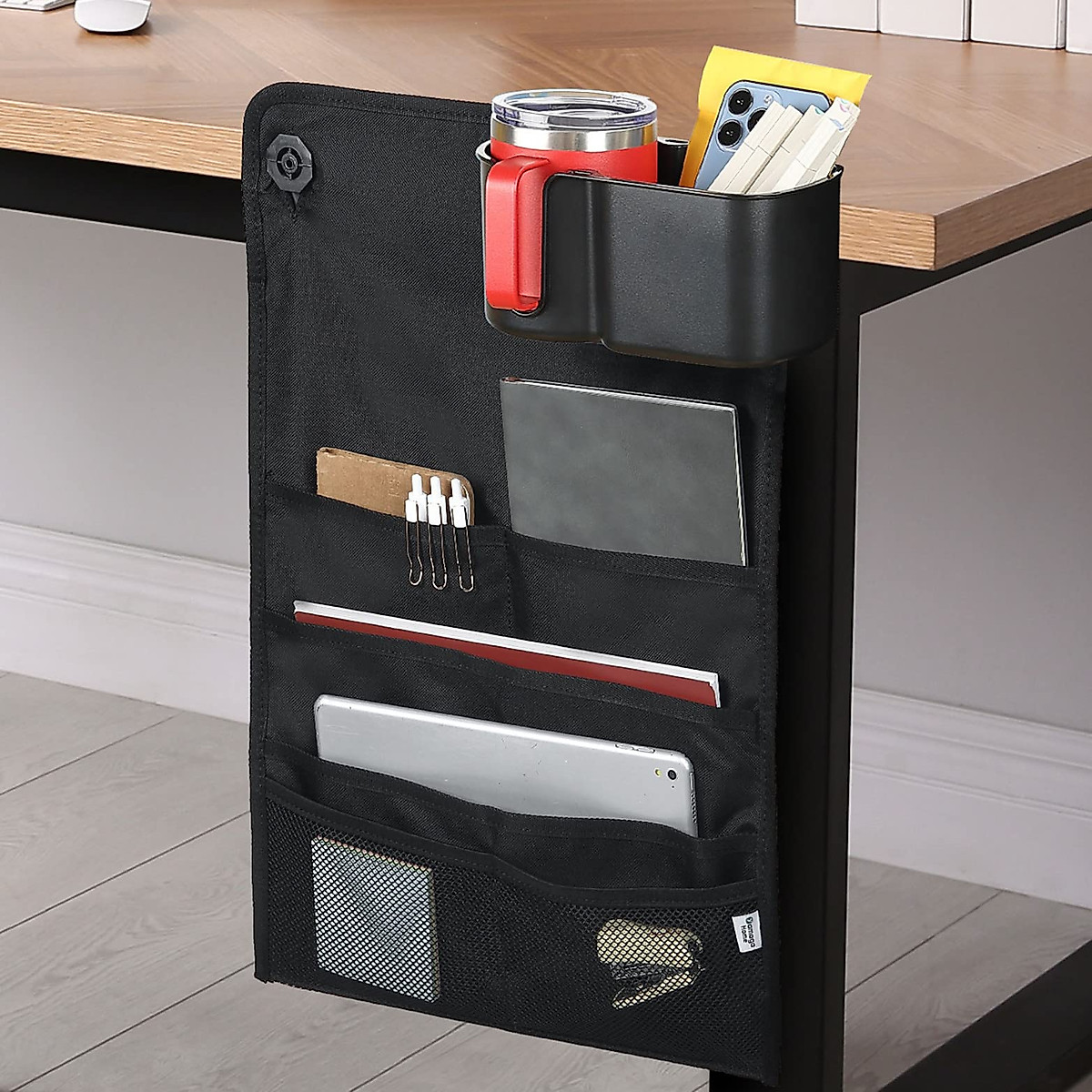 yamagahome Desk Cup Holder Clamp with Hanging Storage Bag, 2 in 1 Table Cup Holder Clip for Desk, Anti-Spill Tableside Cup Holder with Hanging Organizer for Home Office, College Dorm Rooms, RV