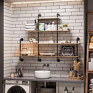 WFSRESTD Industrial Pipe Shelving, 4 Tier Rustic Wooden Floating Shelves, Wall Display Bookshelf, Storage Rack Sundries Holder for Kitchen Office Bathroom Organization and Home Decor