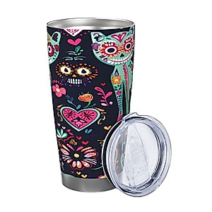 AYCZN Sugar Skull Cat 20 OZ Tumbler Stainless Steel Travel Coffee Mug, Mandala Flower Insulated Water Bottle with Lid Leakproof Thermal Cup