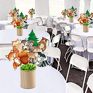 yuuzue 24pcs Woodland Animals Cake Topper, Baby Shower Decorations, Double-Sided Printed Forest Friends Centerpiece Sticks for Wild One Camping Party Supplies