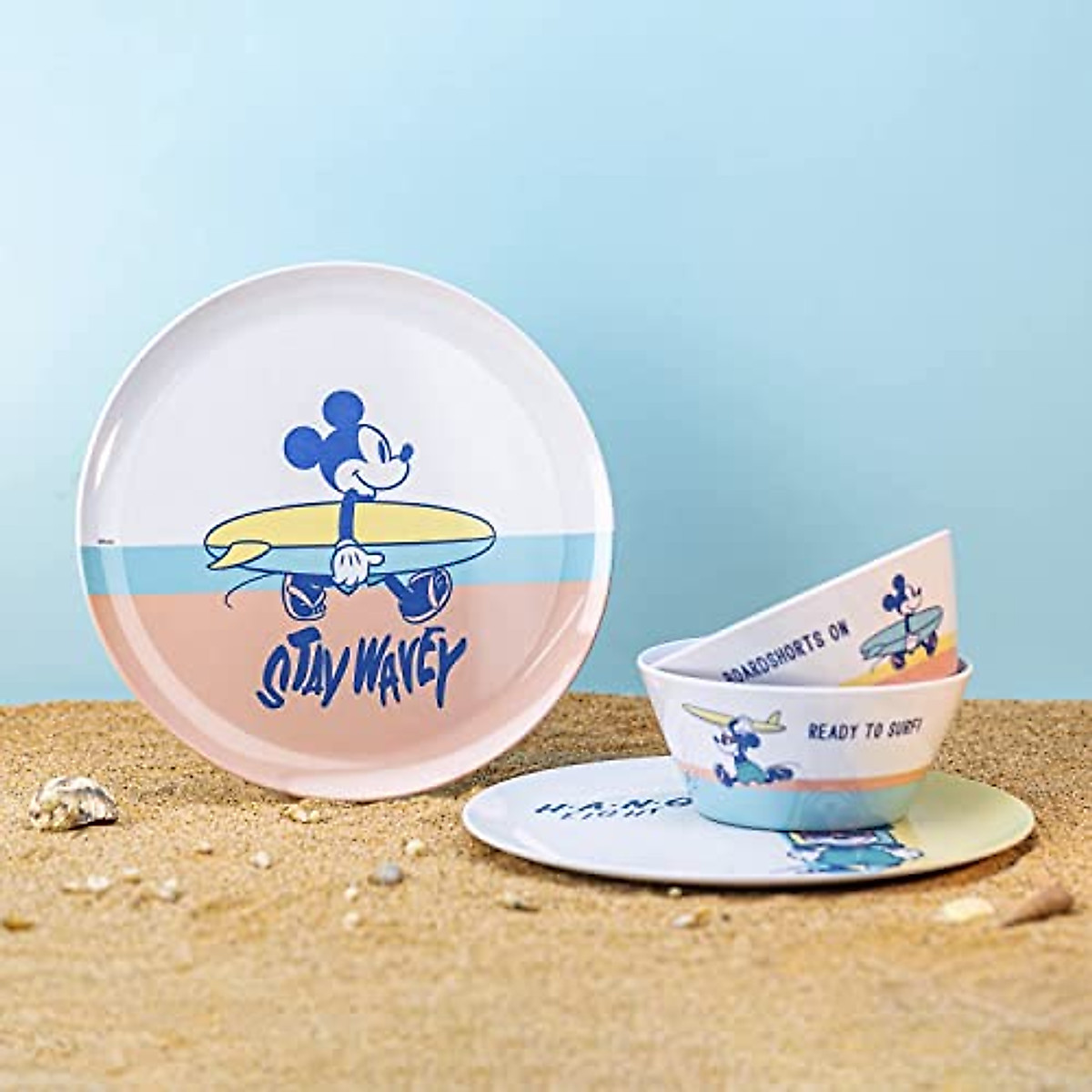 Zak Designs Disney Mickey Mouse Street Beach (Stay Wavey) - Kids Dinnerware Set, Includes 10in Melamine Plate and 27oz Bowl Set, BPA-Free Durable Plate and Bowl Makes Mealtime Fun