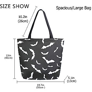 ZzWwR Stylish Bats Halloween Pattern Extra Large Canvas Market Beach Travel Reusable Grocery Shopping Tote Bag Portable Storage HandBags,Black